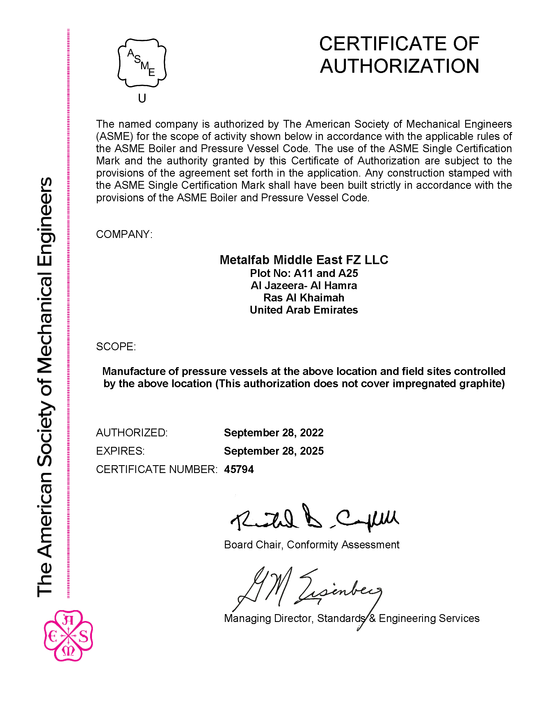 Our Certifications - METALFAB E&C